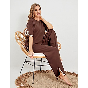Tanming Sweater Sets Women 2 Piece Lounge Sets Short Sleeve Knit Pullover Tops Wide Leg Pants (Brown-M)