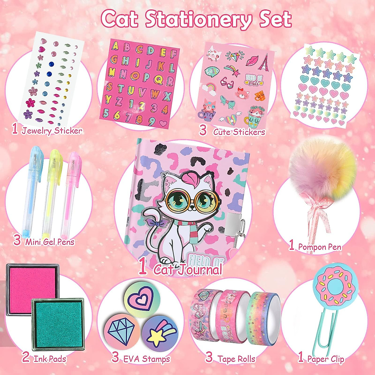 YOYTOO Cat Diary for Girls with Lock, Cat Stationery Set with Secret Diary, Stamps, Pens, Journal Notebook Birthday Gifts for Little Girls Age 5 6 7 8 9 10