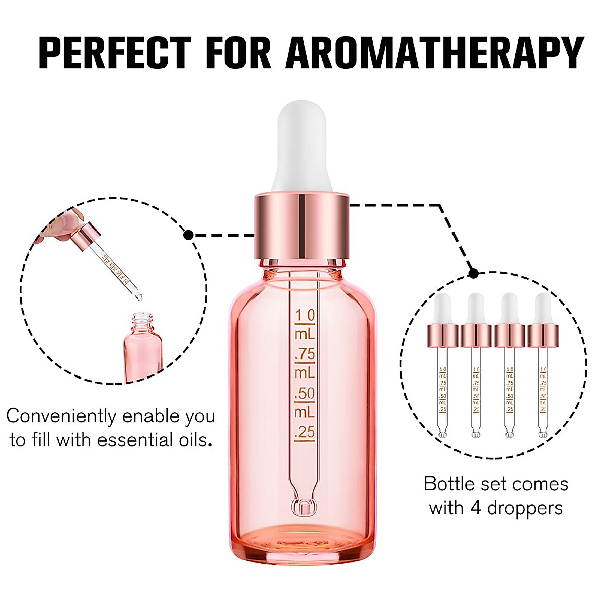 PrettyCare 4 Pack 1oz Eye Dropper Bottle Rose for Essential Oils with Measured Pipettes, 30ml Glass Bottles with Eye Droppers Tincture Bottles, Leak Proof Travel Bottles