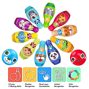 Tsomtto Kids Bowling Set Toddler Toys for 2 3 4 Year Old Boy Girl Birthday Gifts Soft Foam Animal Bowling Pins with Storage Bag Indoor Activities Outdoor Outside Easter Games Age 1-3 2-4 Present