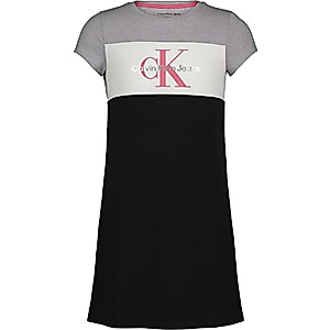 Calvin Klein Girls' Short Sleeve T-Shirt Dress, Pullover Style with Crew-Neck Neckline, Logo Detailing, Black Colorblock, 8-10