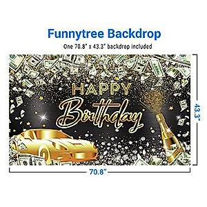 Funnytree Money Birthday Backdrop Dollar Bill Diamond Bday Party Black and Gold Car Champagne Background Supplies Banner Cake Table Decor Props Gifts Photobooth