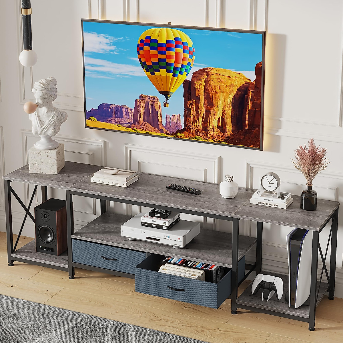 GYIIYUO TV Stand with Drawer for 75 80 Inches TV - Entertainment Center and Industrial TV Console Table with Open Storage Shelves for Living Room, Bedroom - 71'' Gray (180GR)