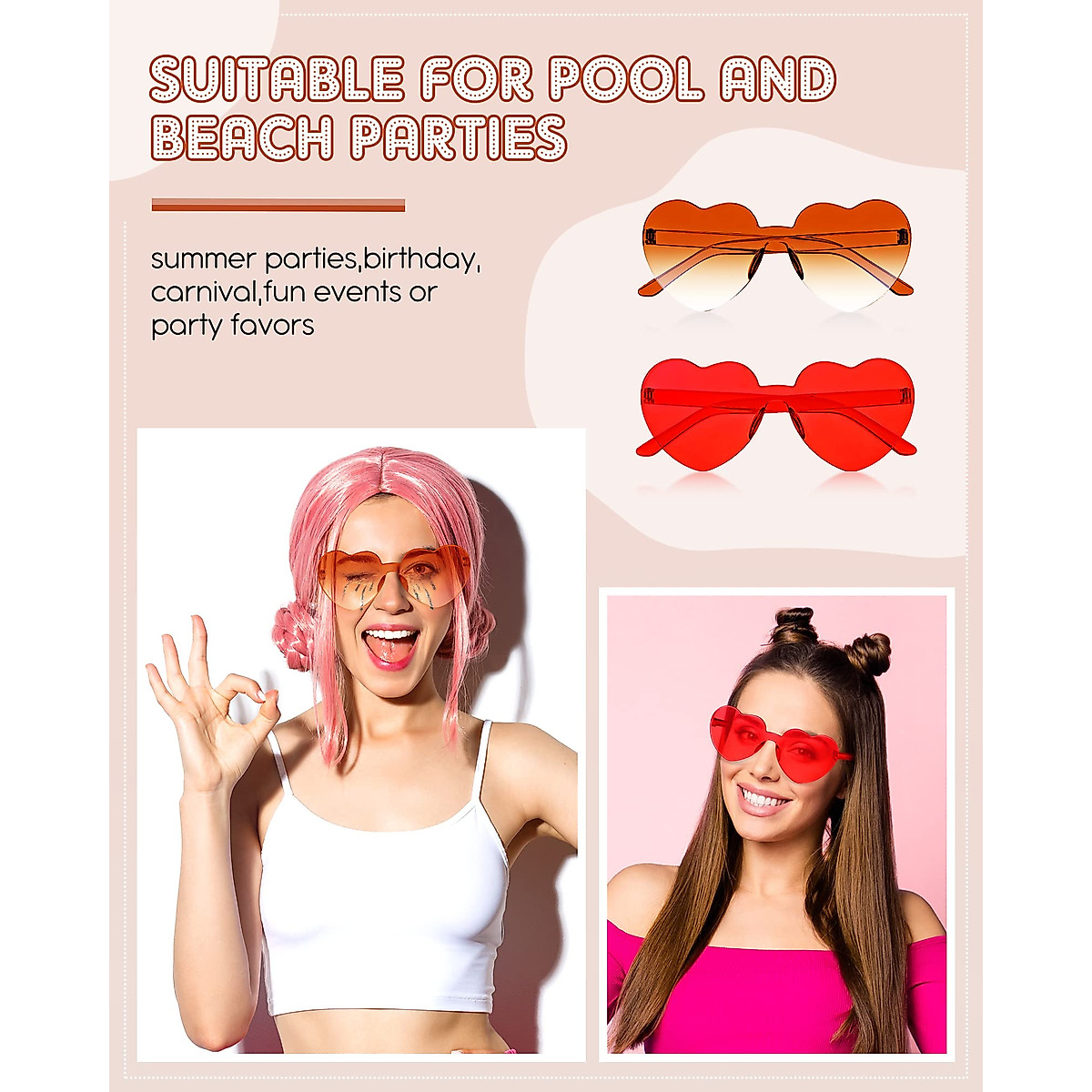 CHENGU 12 Pairs Summer Heart Rimless Sunglasses for Women Transparent Trendy Heart Sunglasses, Bachelorette Party(Bright Colors)