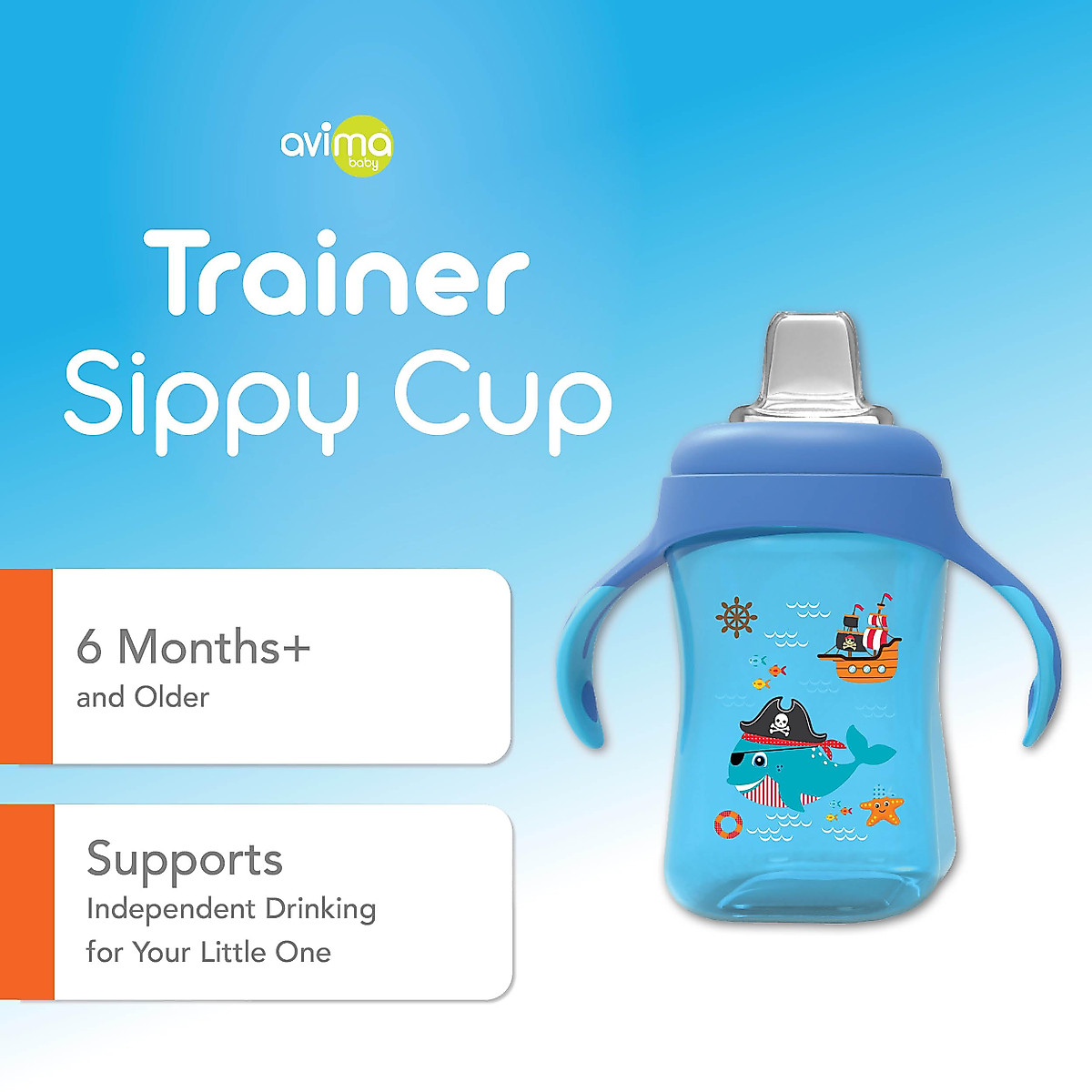 Avima Baby 10 oz Spill Proof Baby Sippy Cup w/Interchangeable Soft Spout Nipple - Trainer Sippy Cup with Handles - BPA Free & Dishwasher Safe Kids Cups - Set of 2, Blue
