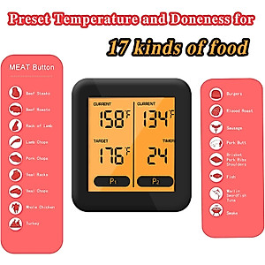 Wireless Meat Thermometer with Dual Probe for Grill BBQ Baking, Large LCD Display, Dual Time Alarm, Smart Instant Cooking Thermometer