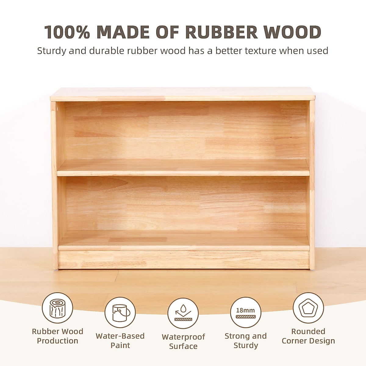 OOOK Rubber Wood Montessori Shelf and Toy Storage, 35.4" L, Solid Wood Bookshelf and Toy Organizers, 2-Tier Storage Cabinet Shelves and Kids Bookcase for Classroom, Kindergarten, Kids Room, Playroom.