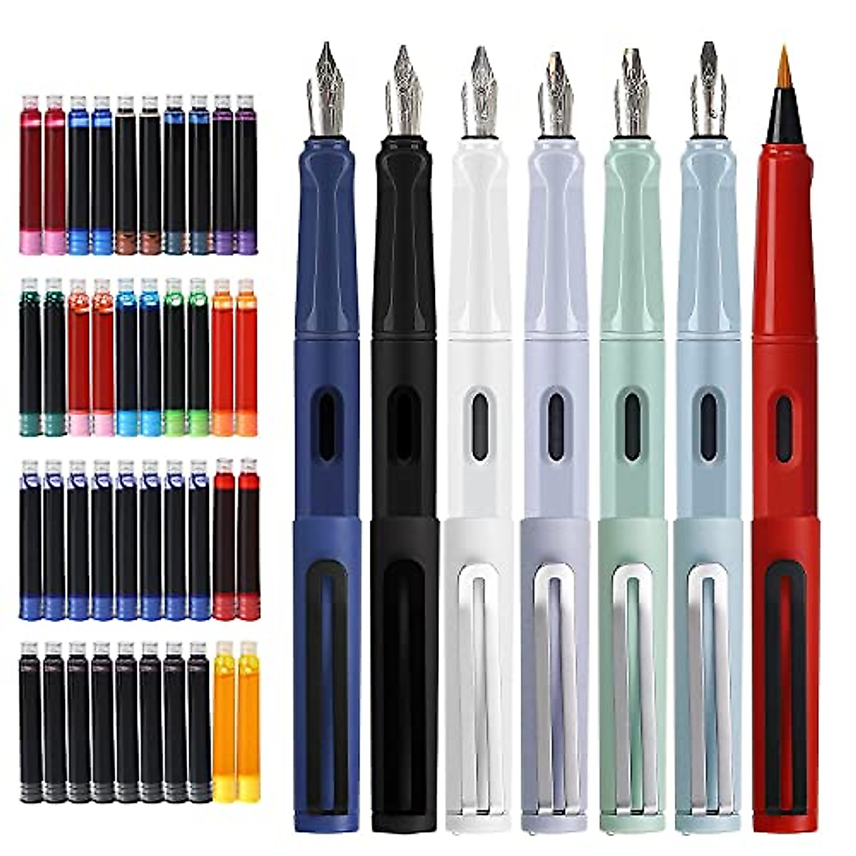 GC QUILL Calligraphy Pen Set, 7 Calligraphy Fountain Pens with Different Nibs and 40 Ink Cartridges, Calligraphy Set for Beginners- MU-09