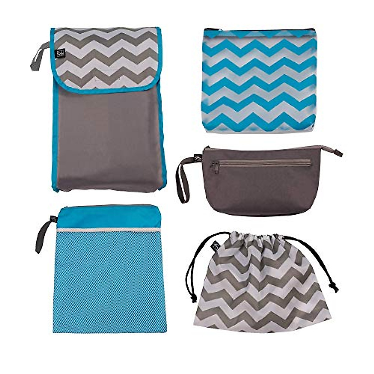 J.L. Childress Diaper Bag Organizer - Set of 5 Pouches - Organizing Pouches for Diaper Bag, Purse, Backpack - Clutch with Wrist Strap, Wet Bag, Food Pouch and More - Grey/Chevron