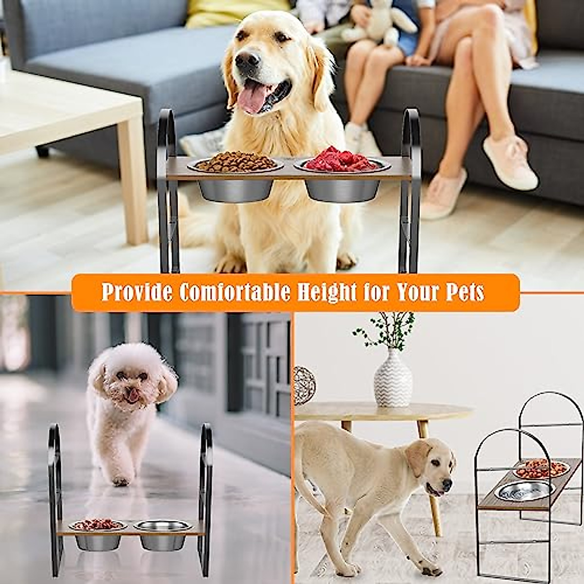 Alpeir Elevated Dog Bowls, Raised Dog Bowl Stand with 2 Stainless Steel Food Bowls, Adjustable Pet Feeder Station, Retro Brown