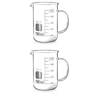 QWORK Beaker with Handle, 1000ml/33.81oz, Measuring Cup, Borosilicate Glass, Beaker Mug with Pouring Spout, 2 Pack