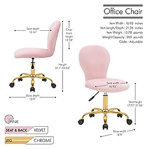 Porthos Home Evie Office Chair with Soft Velvet Upholstery, Stylish Golden Metal Legs with Roller Wheels and Adjustable Height, Sleek Armless Design for The Cozy Home Studio and Small Office