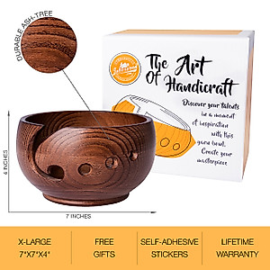 LABORWOOD Large Wooden Yarn Bowl 7"x4" Handmade Ash-Tree Wood Crochet & Knitting Holder Perfect Dispenser for Skeins Balls Knit Accessories Portable Heavy Cat Storage Ideal Gift for Crafters(Chestnut)