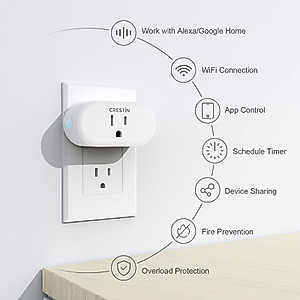 CRESTIN Smart Plug Mini WiFi Outlet with APP Control & Timer Function, Smart Plugs Work with Alexa & Google Assitant, 15A Smart Socket No Hub Required, ETL & FCC Certified(2.4GHz Only, 2 Pack