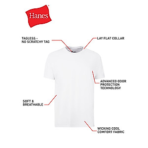 Hanes Mens Cotton, Moisture-wicking Crew Tee Undershirts, Multi-packs, White - 6 Pack, Large US