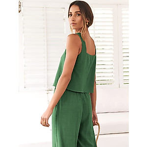 ANRABESS Women's 2 Piece Outfits Linen Pants Jumpsuit Matching Lounge Set Casual Summer Beach Vacation Trendy Clothes Grass Small