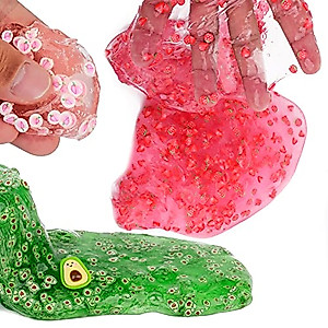 Clear Slime Kit 6 Pack, Premade Crunchy Slime Set DIY Birthday Slime Party Favors for Girls Boys 10-12, Non Sticky Jelly Cube Slime Cute Charms, Peach Cake Avocado Pineapple Crystal Clear Slime Kit