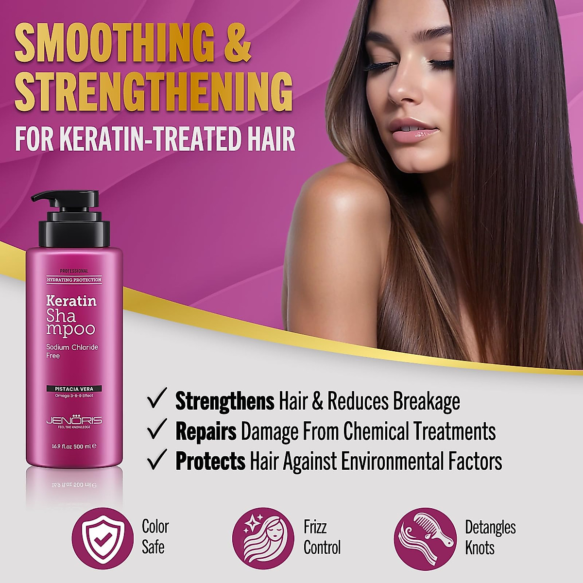 Jenoris Keratin Shampoo for Women, Moisturizing Shampoo for Keratin Treated Hair, With Natural Omega Oils, Salon Professional, Paraben & SLS Free, Smoothing Shampoo for Dry & Damaged Hair, 16.9 Fl Oz