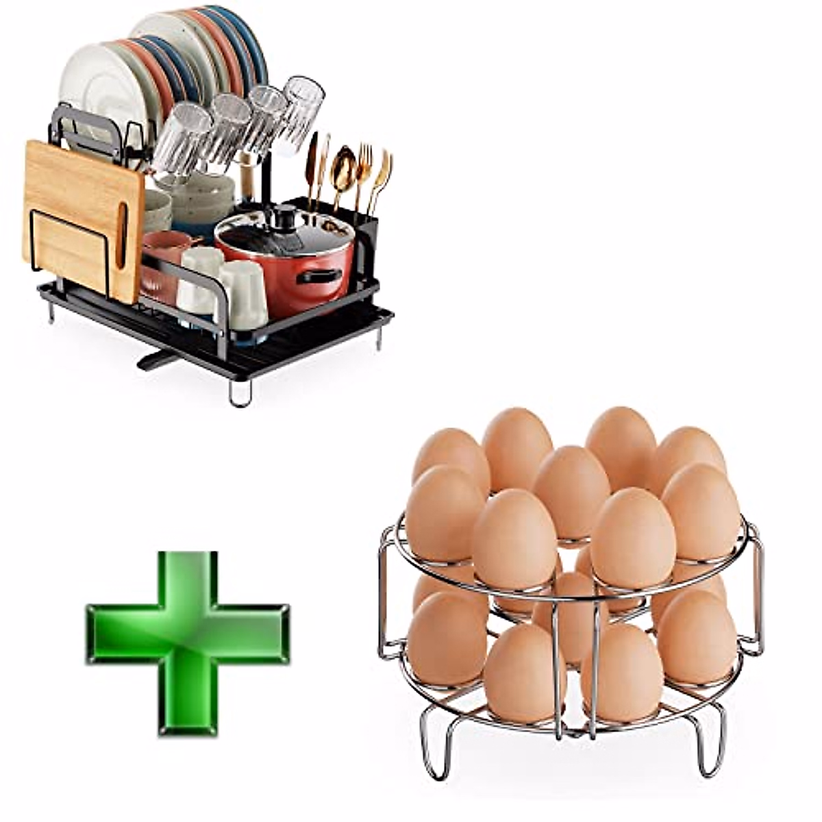 GSlife Dish Drying Rack and Egg Steamer Rack, 2 Tier Dish Rack and Stainless Steel Trivet for Instant Accessories, Bundle Sales, 2 Packs