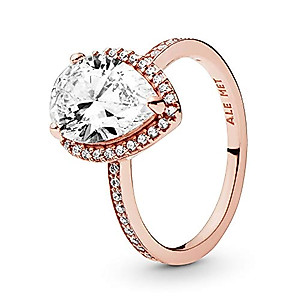 Pandora Sparkling Teardrop Halo Ring - Rose Gold Ring for Women - Layering or Stackable Ring - Gift for Her - 14k Rose Gold-Plated Rose - Size 7.5