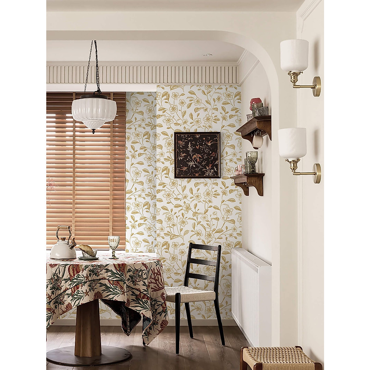 Heroad Brand Floral Peel and Stick Wallpaper Boho Contact Paper White and Gold Leaf Wallpaper Clearance Peel and Stick Wallpaper for Cabinets Shelf Liner Vinyl Roll Self Adhesive 78.7"x17.3"