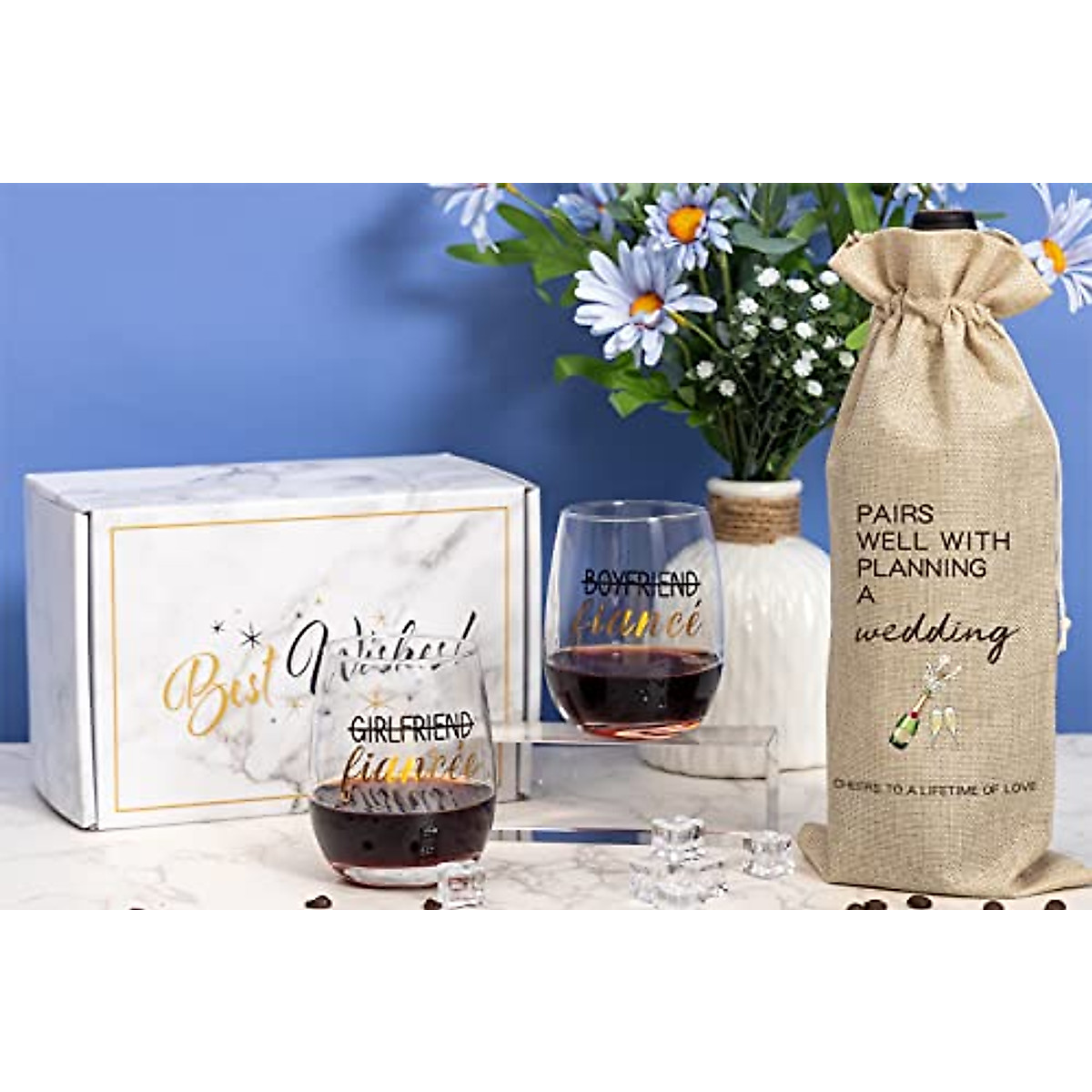 Engagement Gifts for Couples, Boyfriend and Girlfriend Wine Glass and Wine Bag Gift Set, Fiance Fiancee Gift for Him and Her, Bride and Groom Wedding Gifts, Bridal Shower, Engaged Gifts for Newlywed