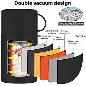 Baokai Insulated Food Jar 20 oz, Vacuum Soup Thermos for Hot Food Kids Adults, Stainless Steel Leak Proof Lunch Container with Folding Spoon for School Office Camping Picnic Travel Outdoors-Black