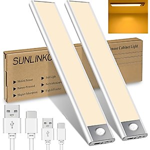 9in Motion Sensor Under Cabinet Lights Wireless, 1500mAh Battery Operated Counter Light Rechargeable Type-C USB,Ultra Thin Cabinet Lighting for Kitchen,Bedroom,Stair,Wardrobe,Cupboard(Warm White) 2Pcs