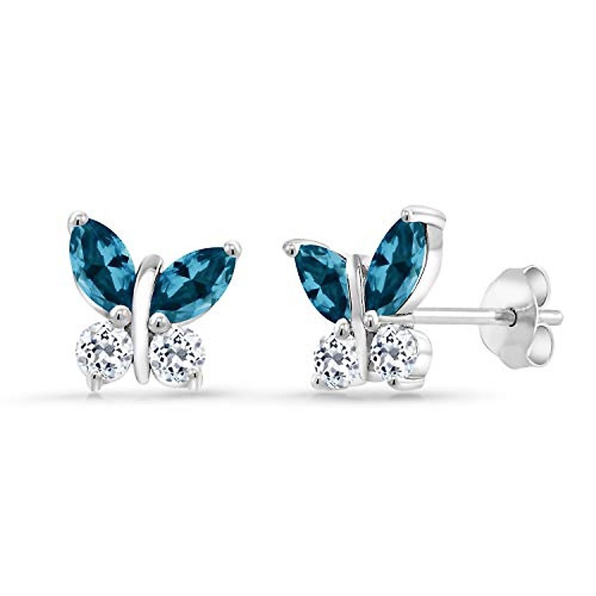 Gem Stone King 925 Silver Marquise London Blue Topaz and White Topaz Butterfly Earrings For Women (1.76 Cttw, Gemstone November Birthstone, Center Stone: 6X3MM, Small Stones: 3MM)