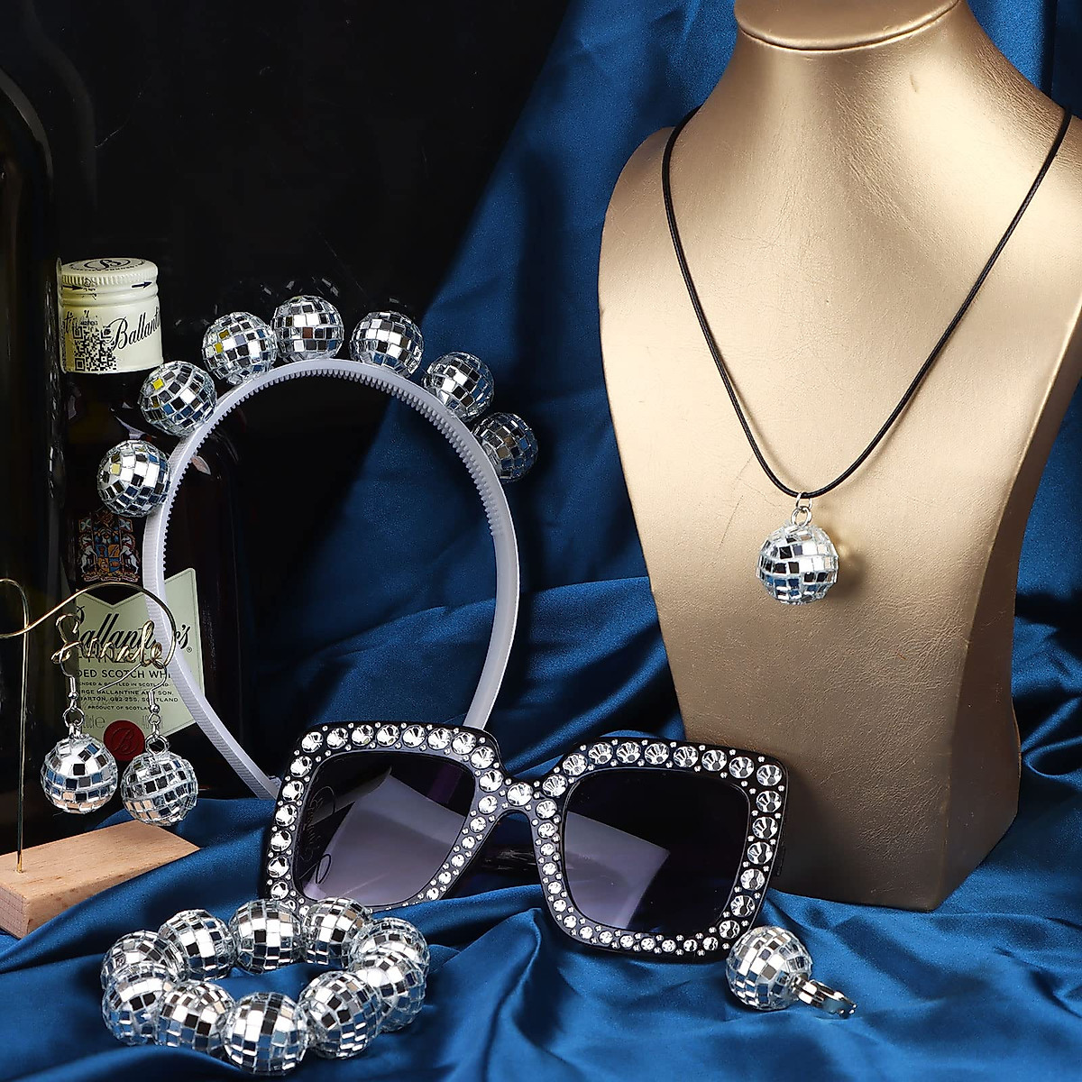 Hitele 6 Pcs 1970s Disco Accessories Set Disco Ball Earrings Necklace Bracelet Headband Ring and Sunglasses for Women Party (silver)