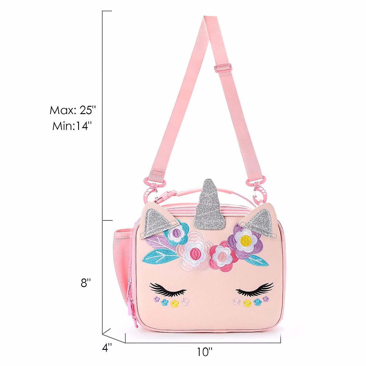 mibasies Unicorn Lunch Bag Kids Insulated Lunch Box for Girls with Water Bottle Holder and Shoulder Strap (Leather Pink)