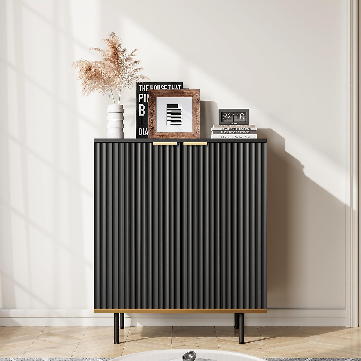 Fluted Buffets & Sideboards, Sideboard Cabinet, Elegant 2 Door Design Black Sideboard - Acceent Cabinet Ideal for Dining Room and Kitchen Storage 31.4 inch