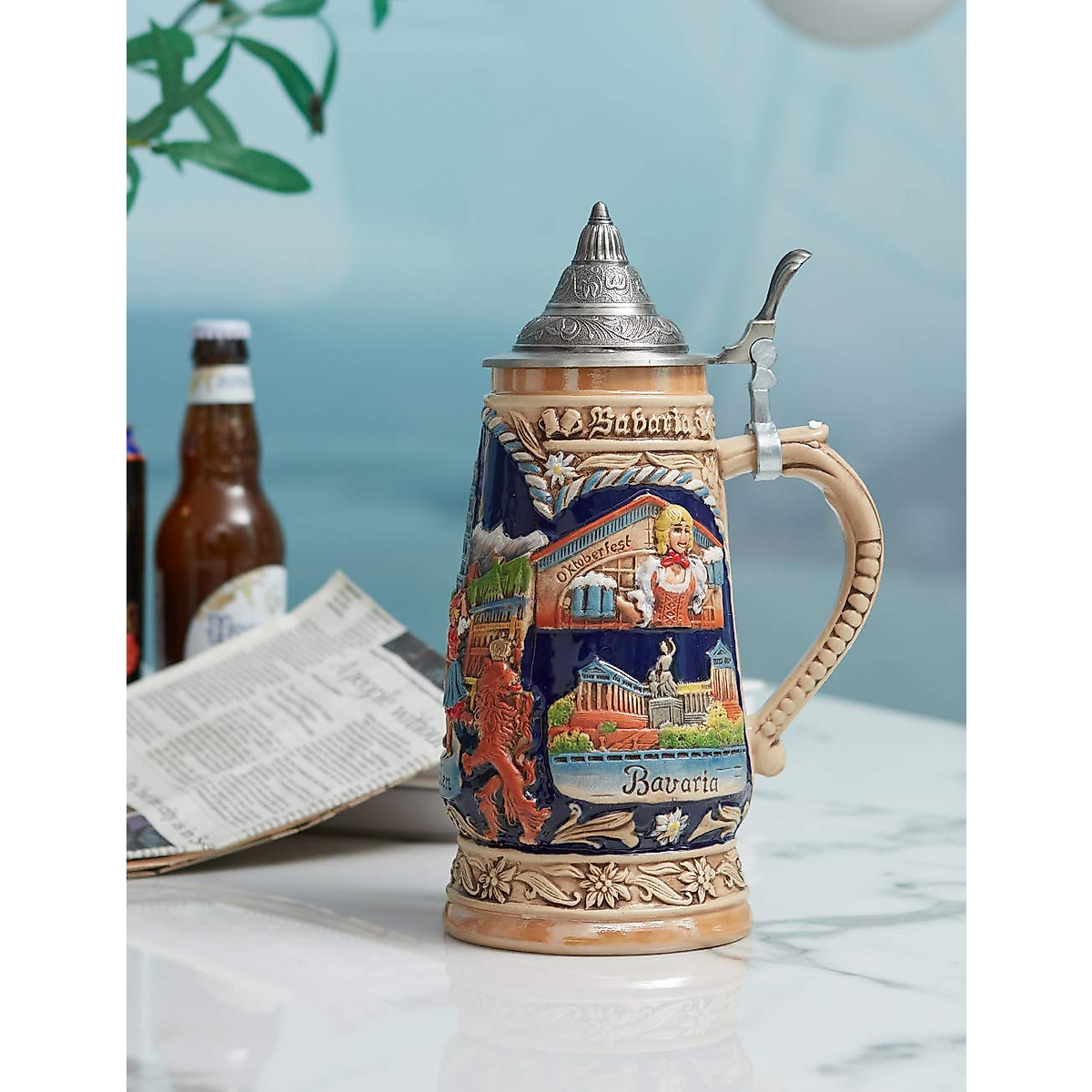 HAUCOZE Beer Stein Mug German Munich Bavarian Drinking Stanley Viking Tankard with Petwer Lid for Birthday Gifts Men Father Husband 1.0Liter