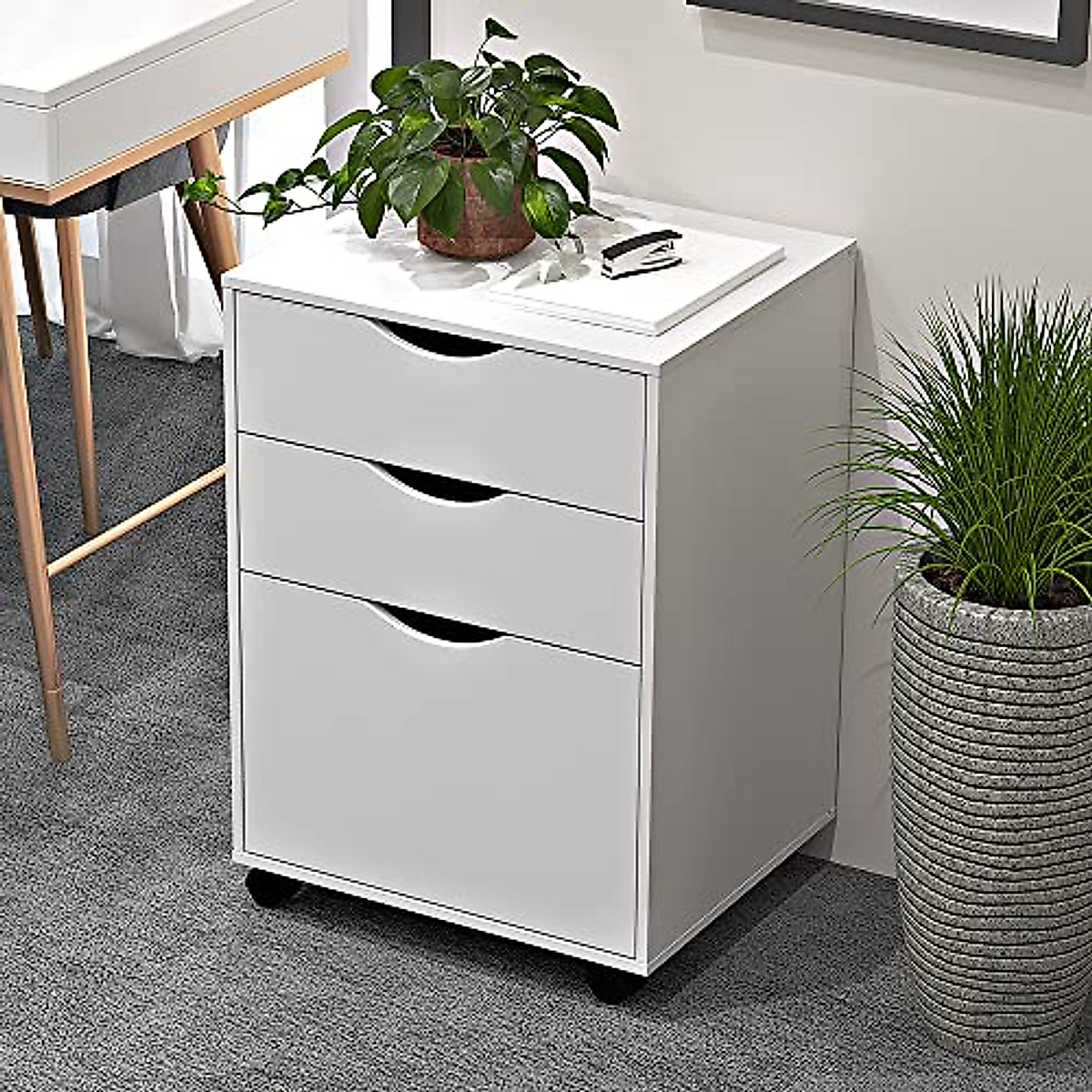 WOODWORTH 3 Drawers Storage Cabinet, Wooden Mobile Filing Cabinet for Mini Printer Stand, with Lockable Casters, for Home Office (3-Drawers, White)
