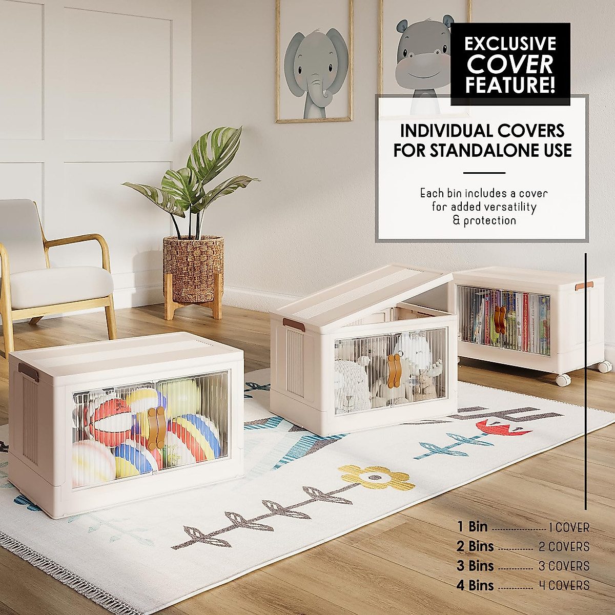 3 Pack Stackable Storage Bins with Lids 8.8 GAL - Collapsible Storage Bins Open Front & Top Home Office Closet Storage Organization, Foldable Plastic Clothes Storage Cabinet 360° Wheels, White 35 QT