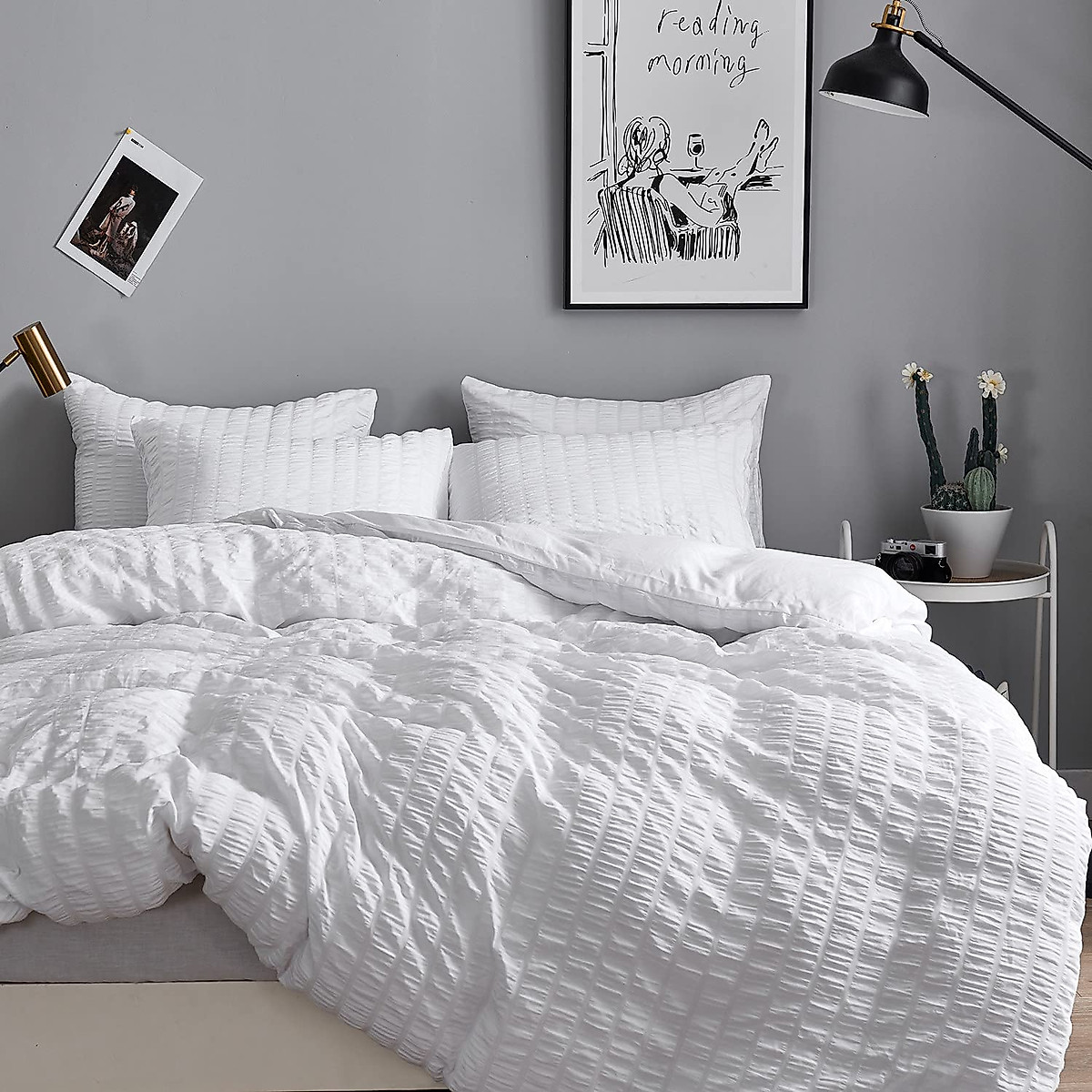 BEDCOLOR Duvet Cover Twin Size - Reversible Seersucker Texture Duvet Cover Set with Zipper Closure, White Bedding Set, 2 Pieces, 1 Duvet Cover 68"x90" with Inner Ties and 1 Pillowcase 20"x26"