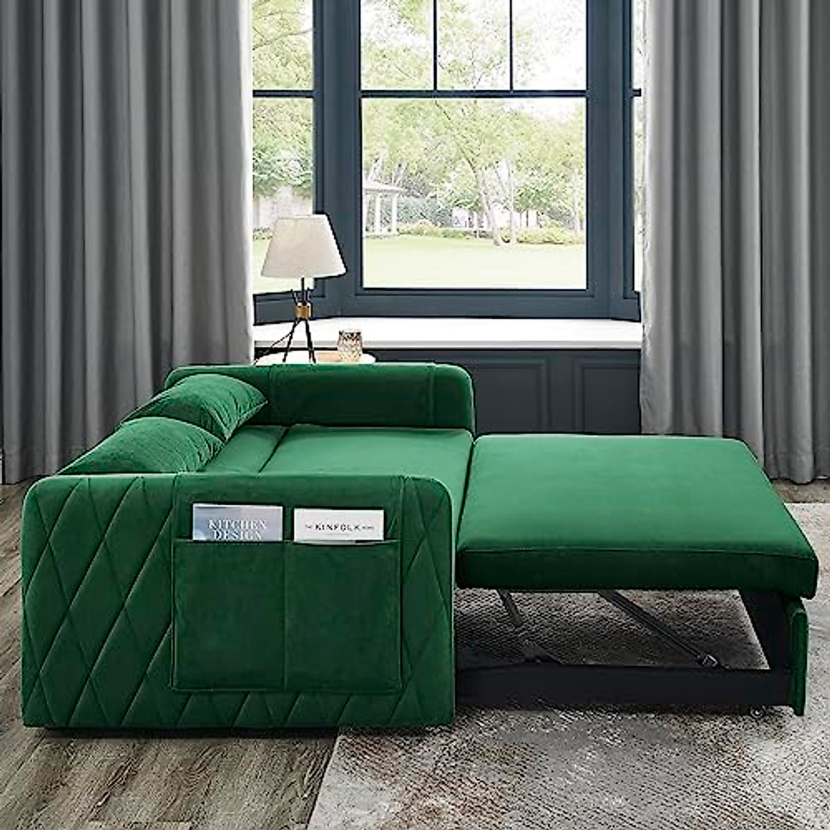 ERYE Green Velvet 2 Pillows Side Pockets, 55"