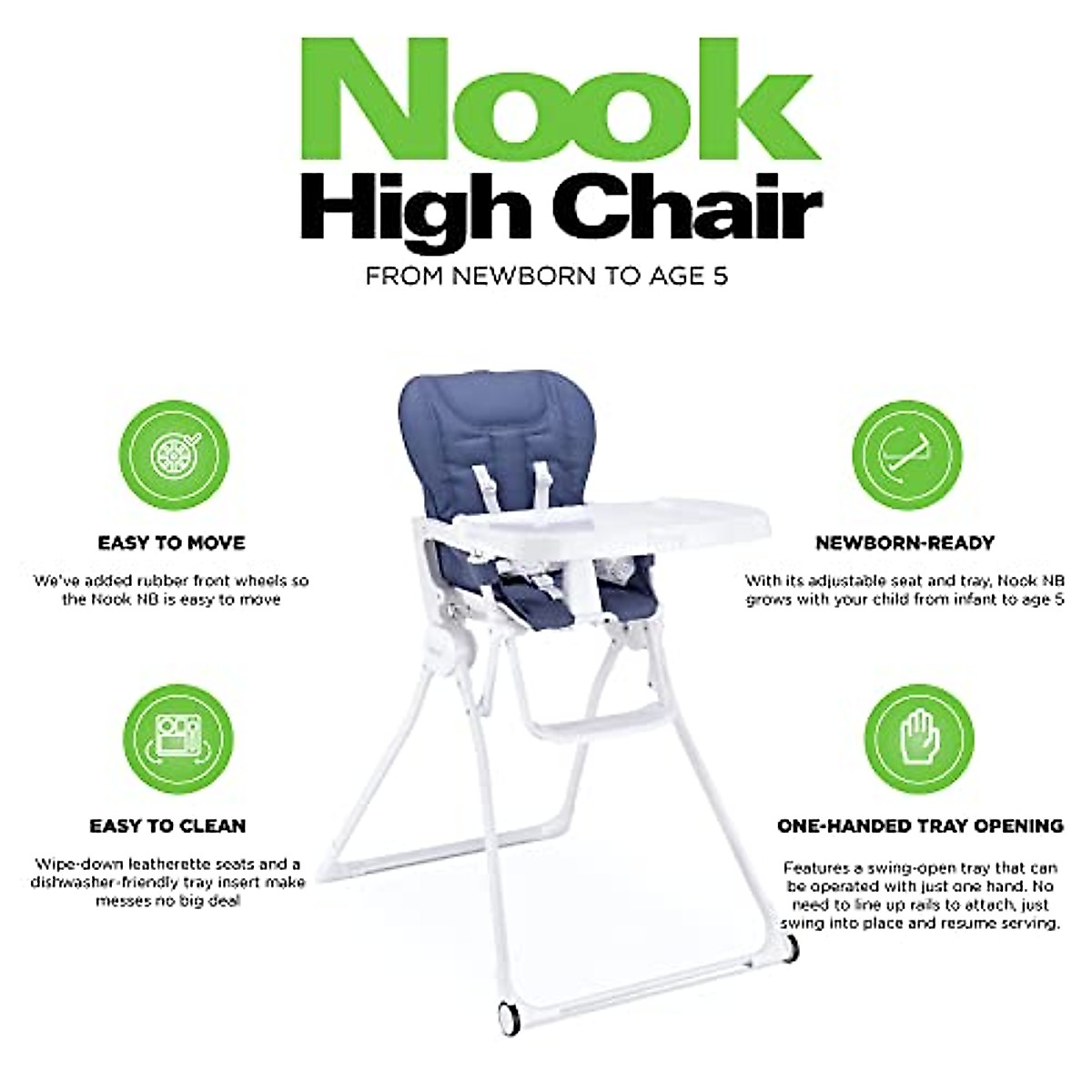 Joovy Nook NB High Chair Featuring Four-Position Adjustable Swing Open Tray, 3-Position Reclining Seat, and Front Wheels for Added Mobility - Folds Down Flat for Easy Storage, Slate