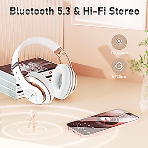 Bluetooth Headphones Over Ear, 6S Foldable Wireless Headphones with 6 EQ Modes, 40 Hours Playtime HiFi Stereo Headset with Mic, Soft Ear Pads, TF/FM for Cellphone/PC/Home (White & Gold)