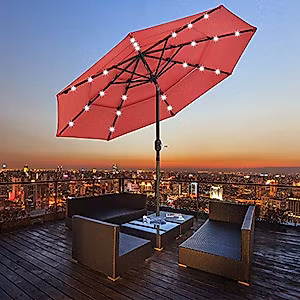 Yescom 9ft 3 Tier UV70+ Solar Powered Patio Umbrella with LED Crank Tilt Button Aluminum Outdoor Home Garden Yard Deck