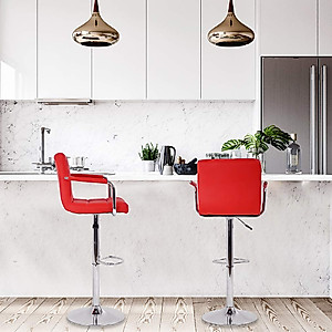 BestOffice Modern Bar Stool Set of 2 Barstools Armrest Height Adjustable Counter Stools Bar Chairs Swivel Bar Stool PU Leather Hydraulic Dining Room Chairs Home Kitchen Stools (Red)
