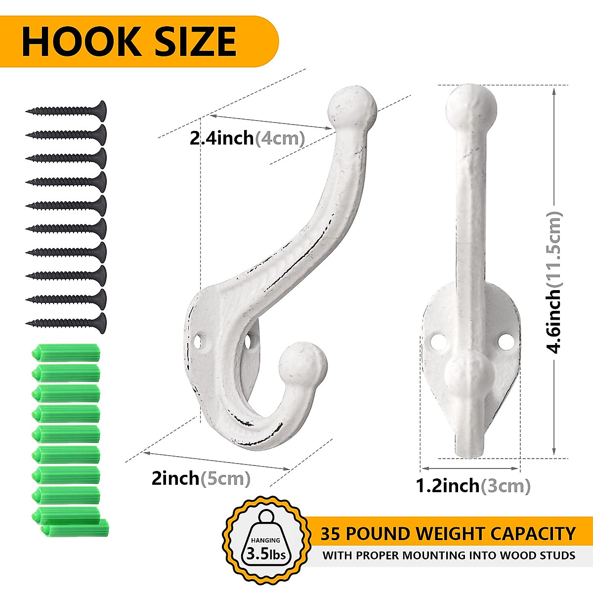 rumdraw Vintage Wall Mount Iron Hooks (Distressed White, Set of 5) for Coats ，Towels，Bags， Hats