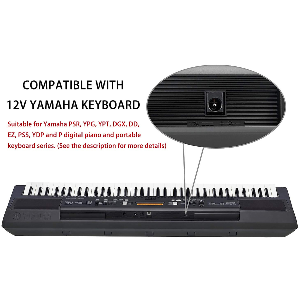12V 2A AC Power Supply Adapter Charger Cord for Yamaha PSR, YPG, YPT, DGX, DD, EZ and P Digital Piano and Portable Keyboard Series, Replacement PA-130 PA-130B Adapter