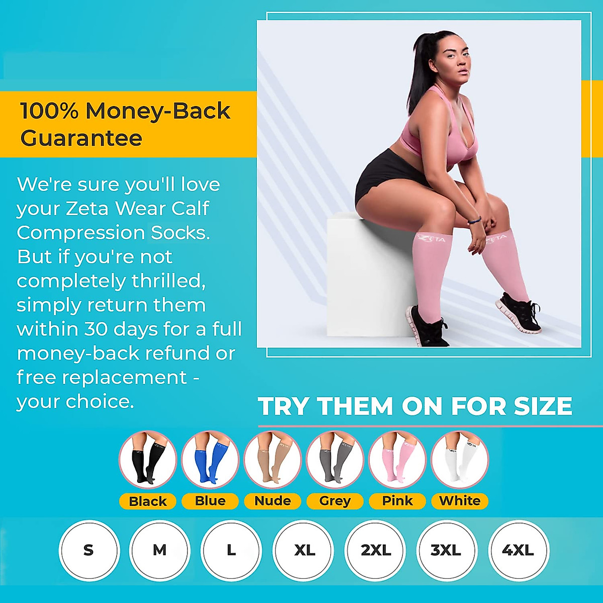 Zeta Wear Plus Size Leg Sleeve Support Socks - The Wide Calf Compression Socks Men and Women Love for Its Amazing Fit, Cotton-Rich Comfort, Compression & Soothing Relief, 1 Pair, 3XL, Blue