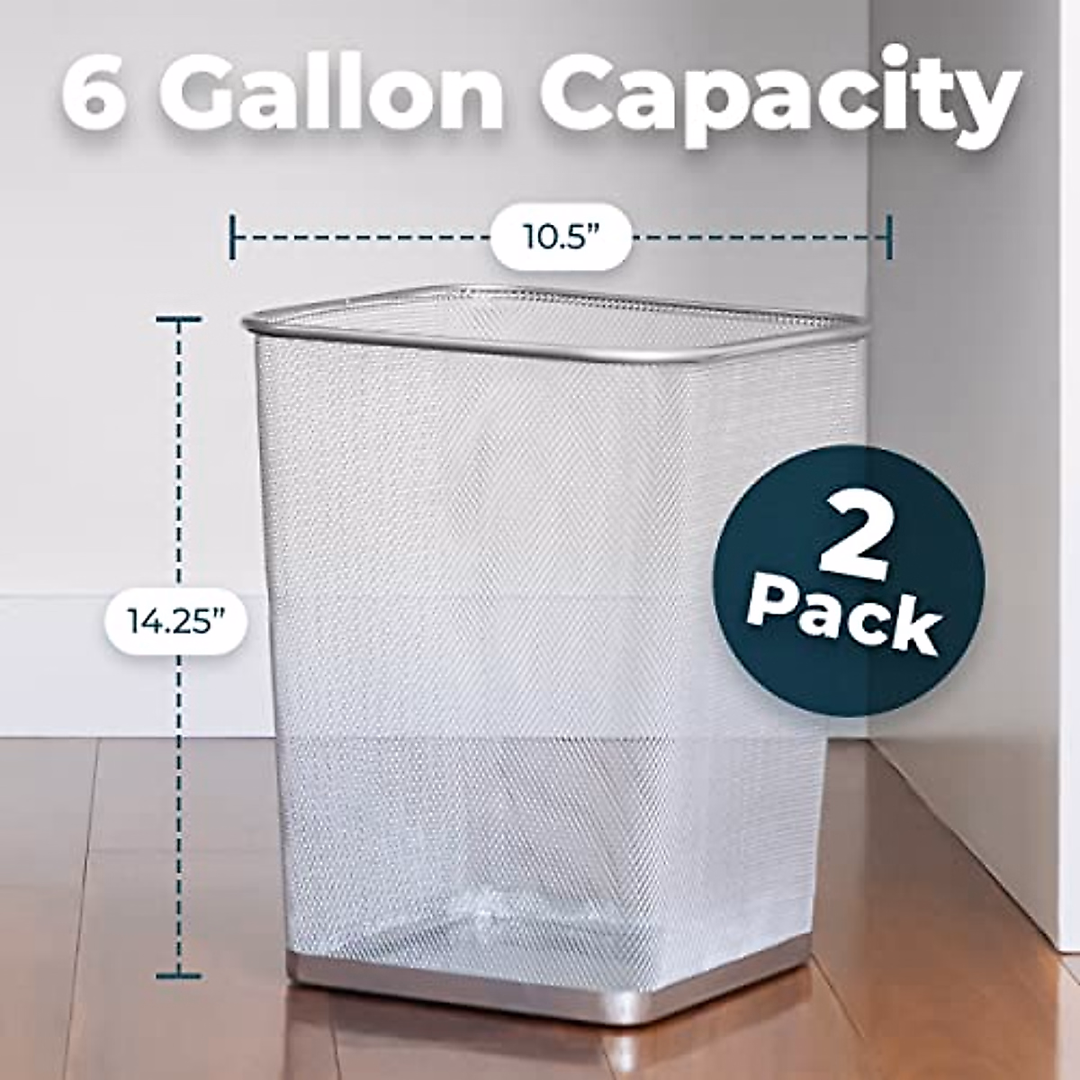 Greenco Mesh Square Wastebasket, 6 Gallon, 2pk (Silver) - Lightweight & Sturdy Office Trash Cans for Near Desk - Garbage Can for Bedroom, Kitchen, Dorm - Garbage Bin - Trash Can Office & Home Supplies