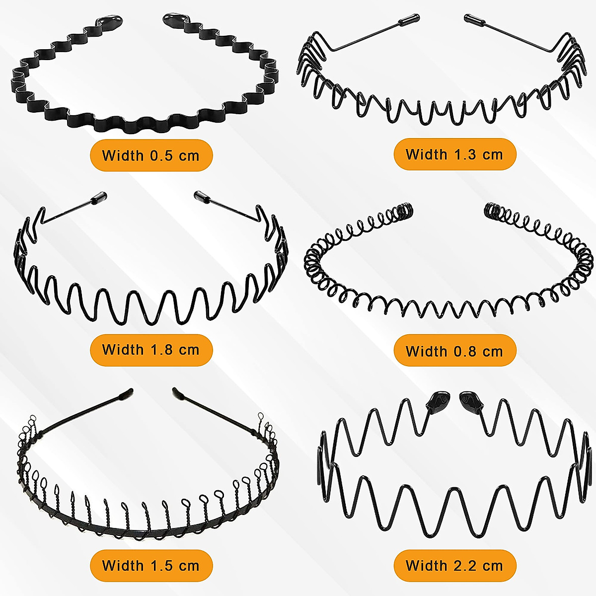 KAC Pack of 6 Unisex Wavy hair bands Non Slip Metal Head Bands for Sports, Outdoor and Yoga, Black, 6 Piece Set