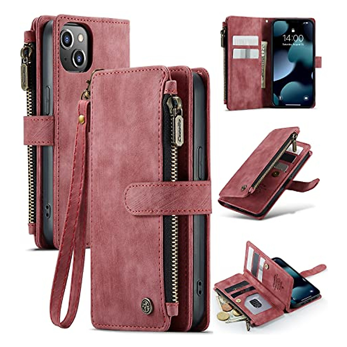 CaseMe iPhone 13 Case with Card Holder, Suede Retro iPhone 13 Wallet Case for Women Men, iPhone 13 Case with 7 Drivers License Card Slots Magnetic Closure Change Coin Zipper Pocket Kickstand, Red