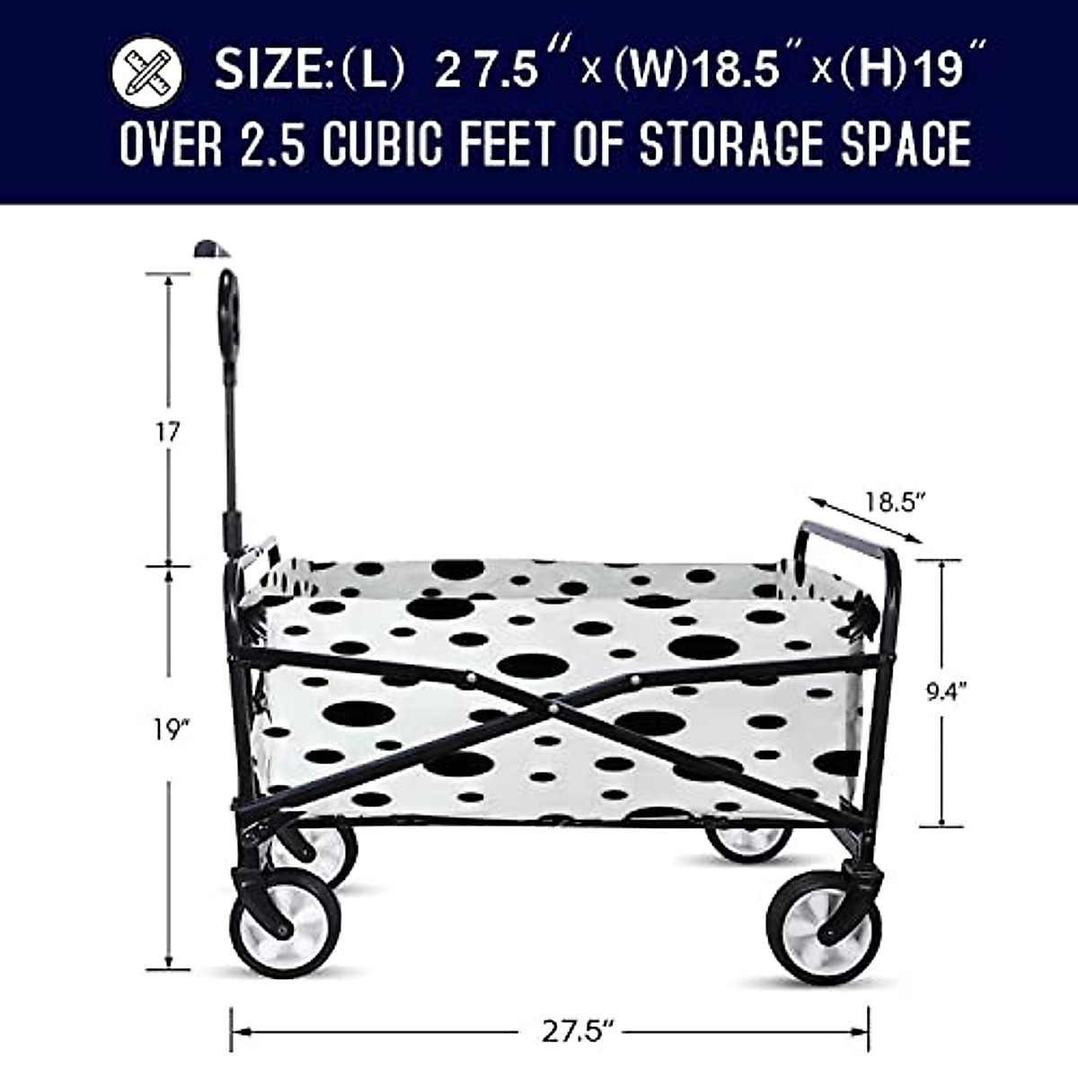 Collapsible Wagon Cart Seamless White with Black Circles Foldable Utility Wagon Large Capacity Garden Cart with Push Bar for Beach Camp Outdoor Shopping