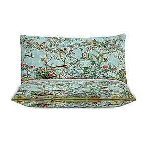 MSSHUKYTT Abstract William Morris Floral Bird Duvet Cover Set 3 Piece Queen Size,Rustic Mid Century Spring Garden Green Leaves Florals Bedding Set 2 Pillow Sham(No Insert)