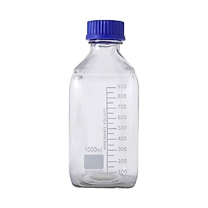 Moonetto 4 Pack 1000mL Graduated Square Media/Storage Glass Bottle With GL45 Blue Polypropylene Screw Cap